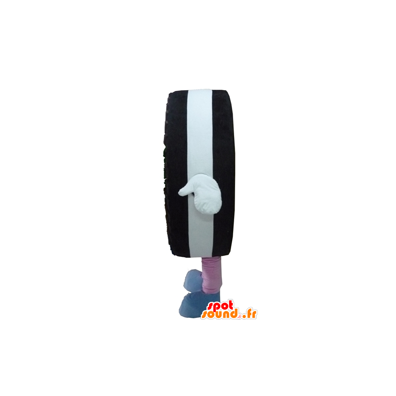 Mascot Oreo, preto e azul bolo redondo e sorrindo em mascotes pastelaria