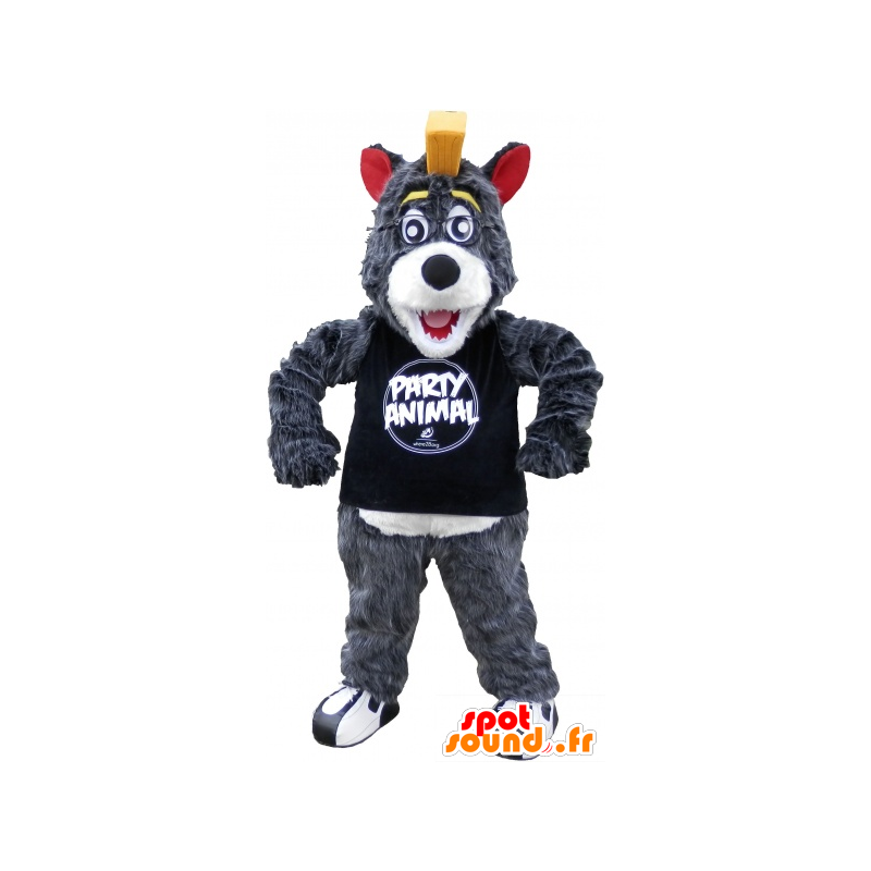 Purchase Gray and white wolf mascot with a yellow crest in Mascots Wolf ...